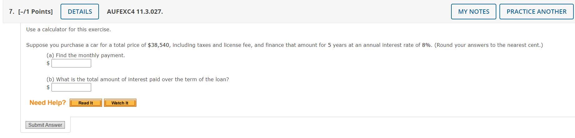 Solved 7. [-/1 Points] DETAILS AUFEXC4 11.3.027. MY NOTES | Chegg.com