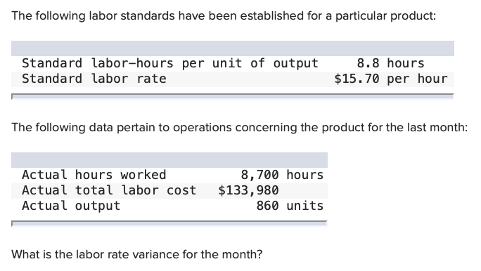 Solved The following labor standards have been established | Chegg.com