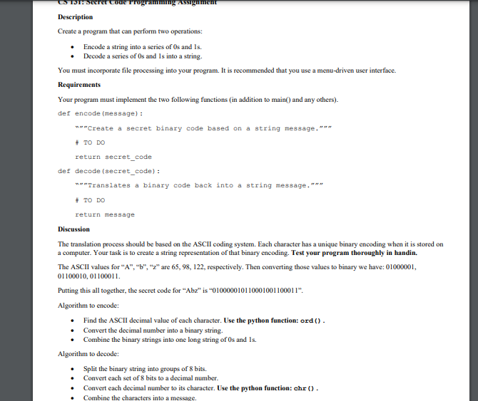 Solved 1. Ser Code Programming Assignment Description Create | Chegg.com
