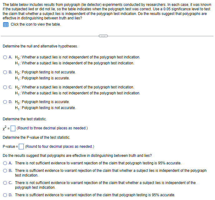 Solved The table below includes results from polygraph (lie | Chegg.com