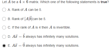 Solved Let A be a 4 x 6 matrix. Which one of the following | Chegg.com