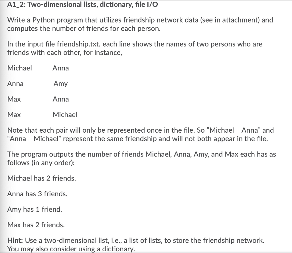 Solved A1_2: Two-dimensional lists, dictionary, file I/O | Chegg.com
