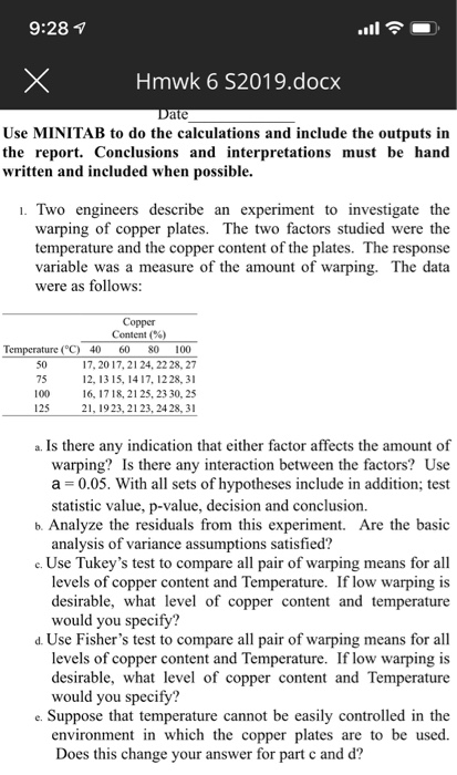 Solved 9:28 Hmwk 6 S2019.docx ate Use MINITAB to do the | Chegg.com