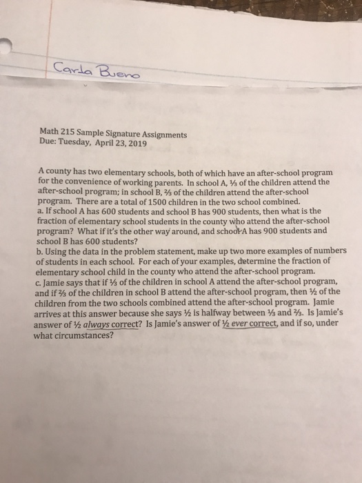 Solved Carla Bueo Math 215 Sample Signature Assignments Due: | Chegg.com