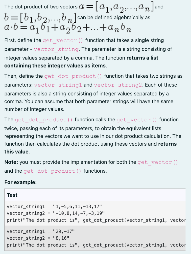 Solved The dot product of two vectors a=[a1,a2,…,an] and | Chegg.com