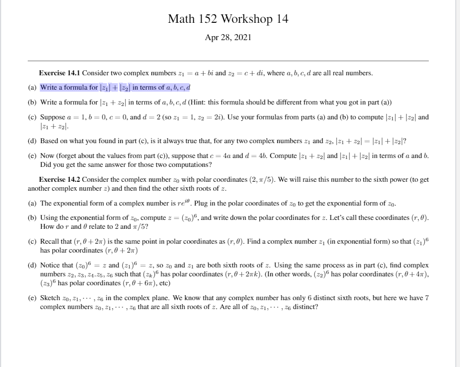 Solved Math 152 Workshop 14 Apr 28, 2021 Exercise 14.1 | Chegg.com