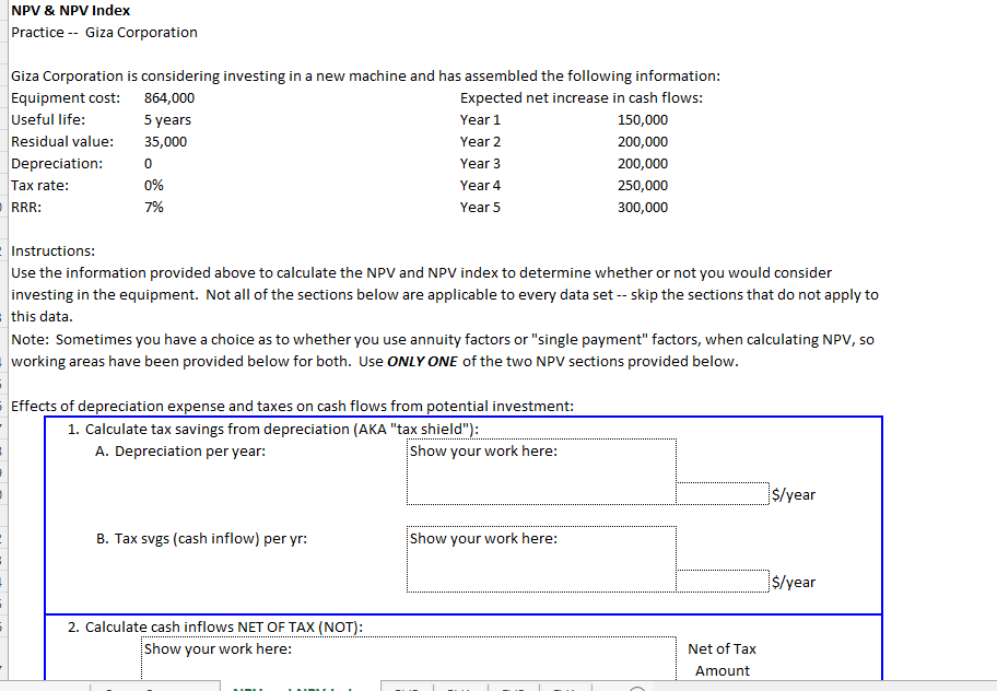 Solved NPV \& NPV Index Practice - Giza Corporation Giza | Chegg.com