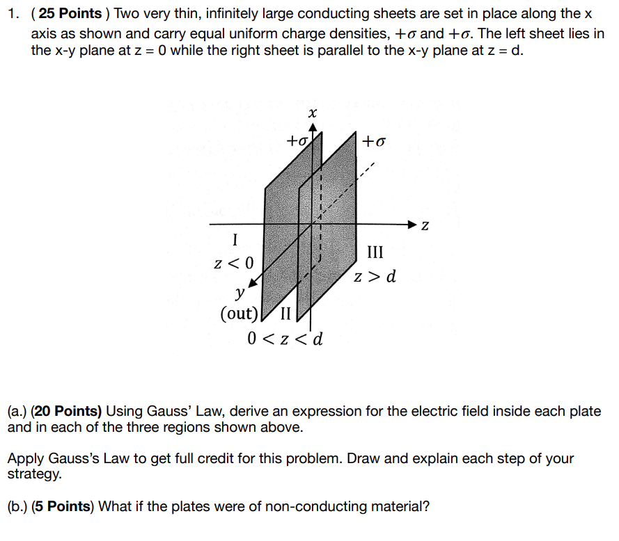 Solved 1. (25 Points ) Two very thin, infinitely large | Chegg.com