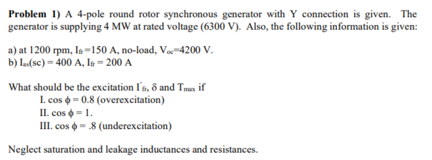 Solved Problem 1 A 4 Pole Round Rotor Synchronous Generator