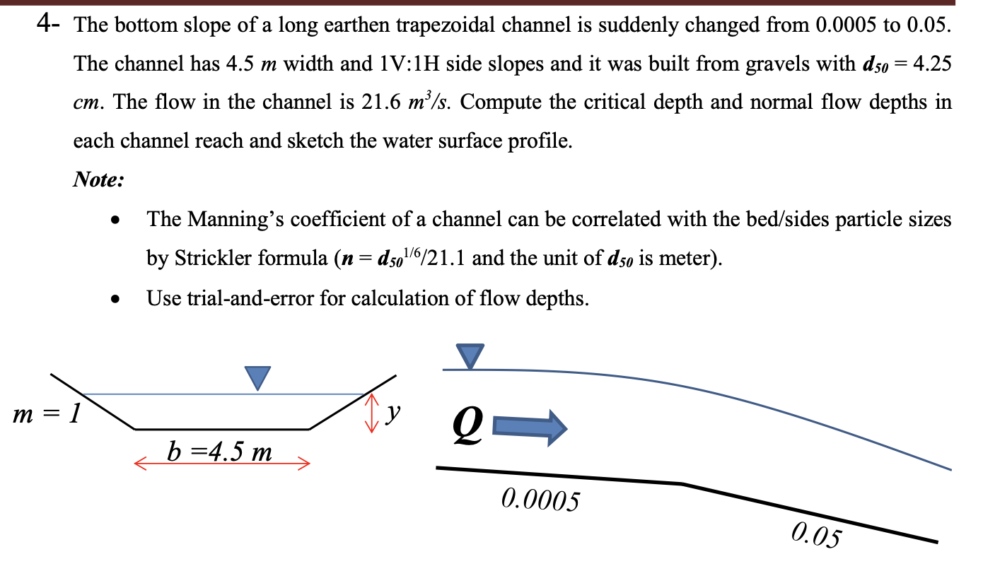 Solved 4- The bottom slope of a long earthen trapezoidal | Chegg.com