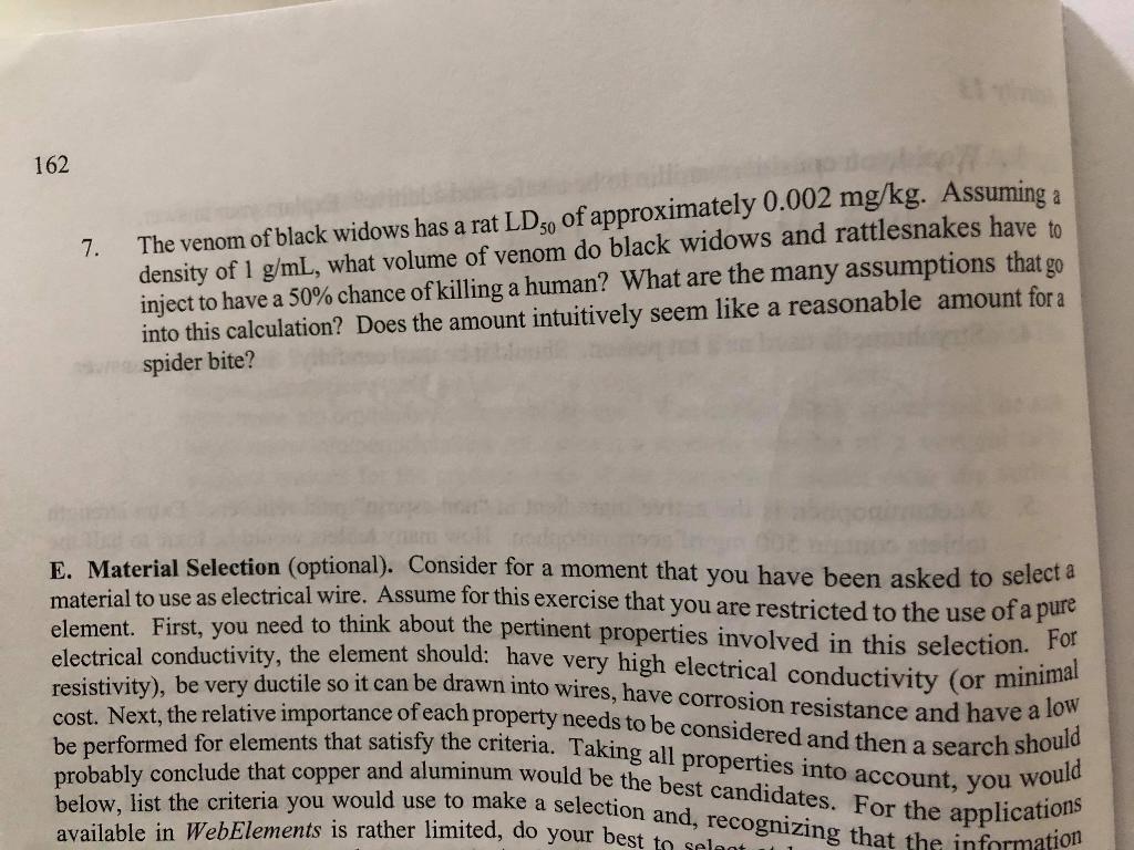Solved 162 7. od The venom of black widows has a rat LD50 of | Chegg.com