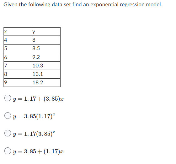 Solved Given the following data set find an exponential | Chegg.com