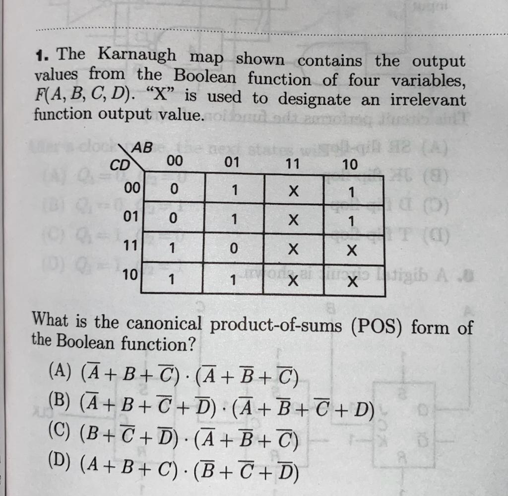 Solved 1. The Karnaugh map shown contains the output values | Chegg.com