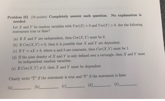 Solved Problem III. (10 points) Completely answer each | Chegg.com