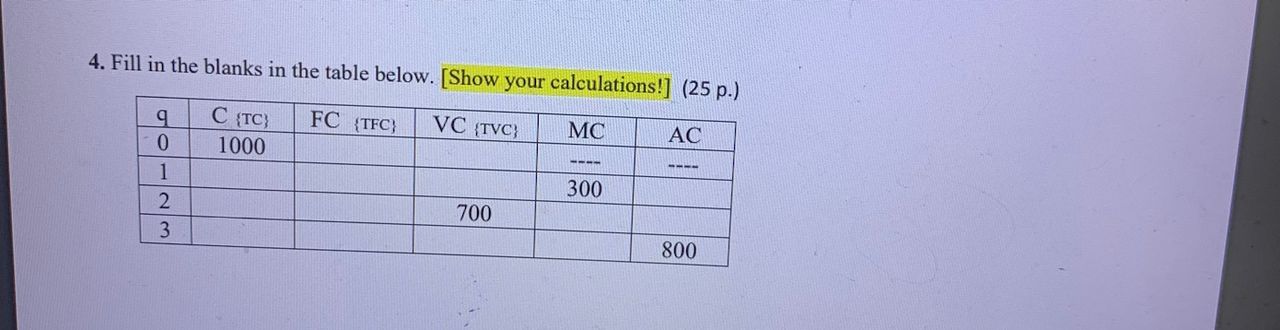 Solved 4. Fill in the blanks in the table below. [Show your | Chegg.com