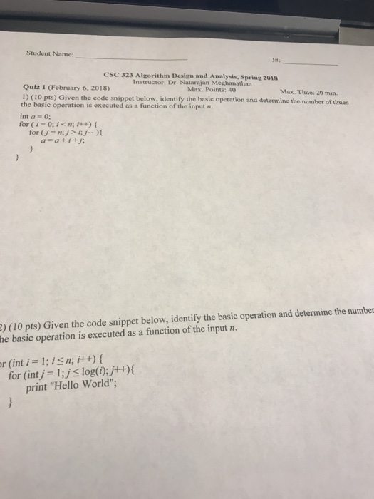 Solved Student Name: Jヨ CSC 323 Algorithm Design and | Chegg.com