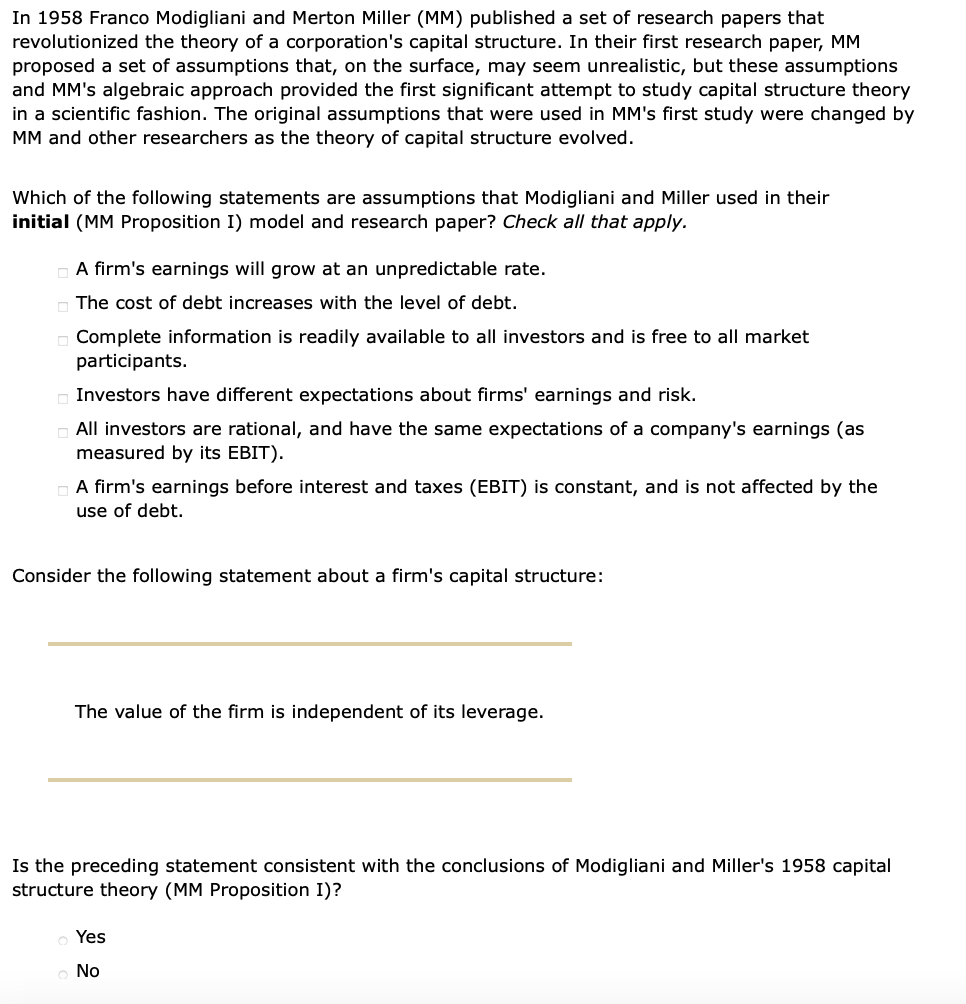 Solved In 1958 Franco Modigliani and Merton Miller (MM) | Chegg.com