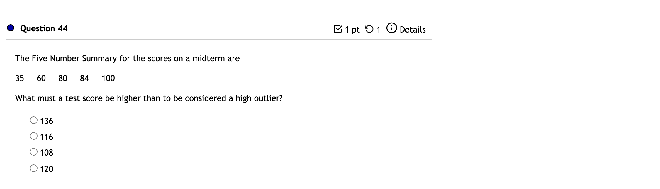 Solved Question 44 1 pt 91 Details The Five Number Summary | Chegg.com