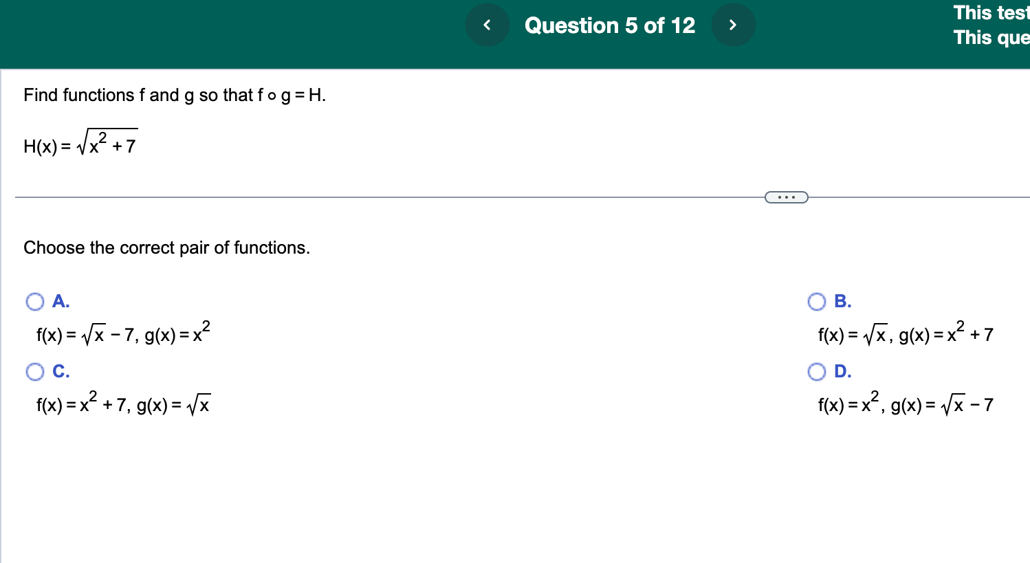 Solved Find functions f and g so that f∘g=H. H(x)=x2+7 | Chegg.com