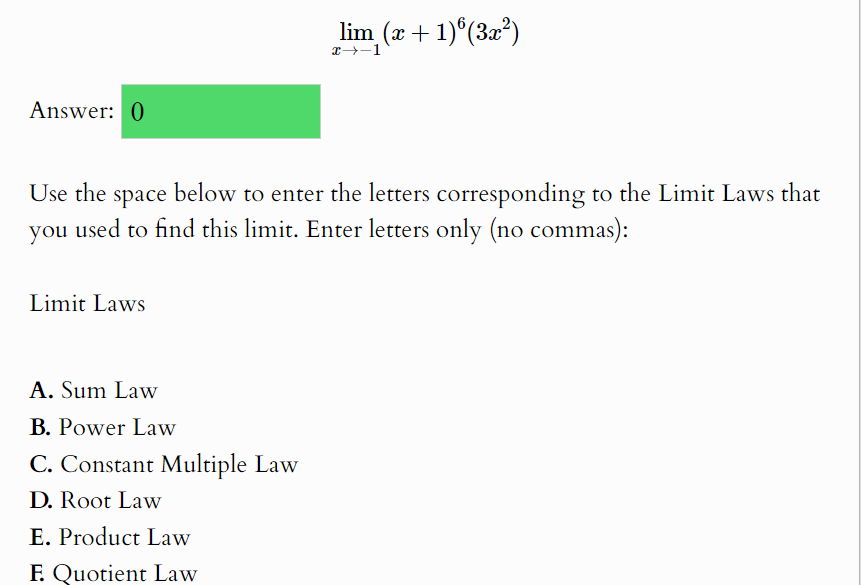 Solved limx→-1(x+1)6(3x2)Answer:Use the space below to | Chegg.com