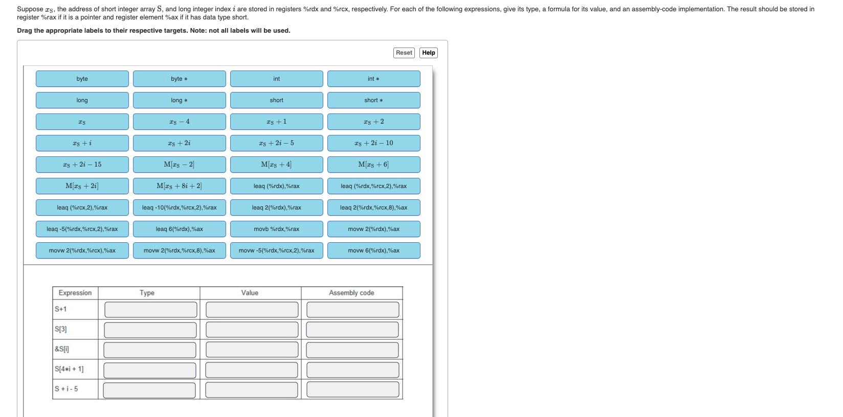 Solved Suppose as, the address of short integer array S, and | Chegg.com