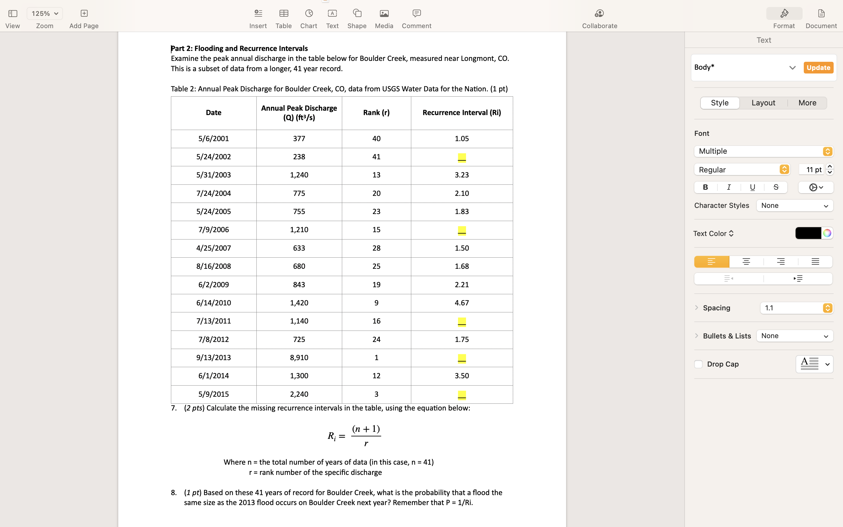 [Solved]: Part 2: Flooding and Recurrence Intervals Examine