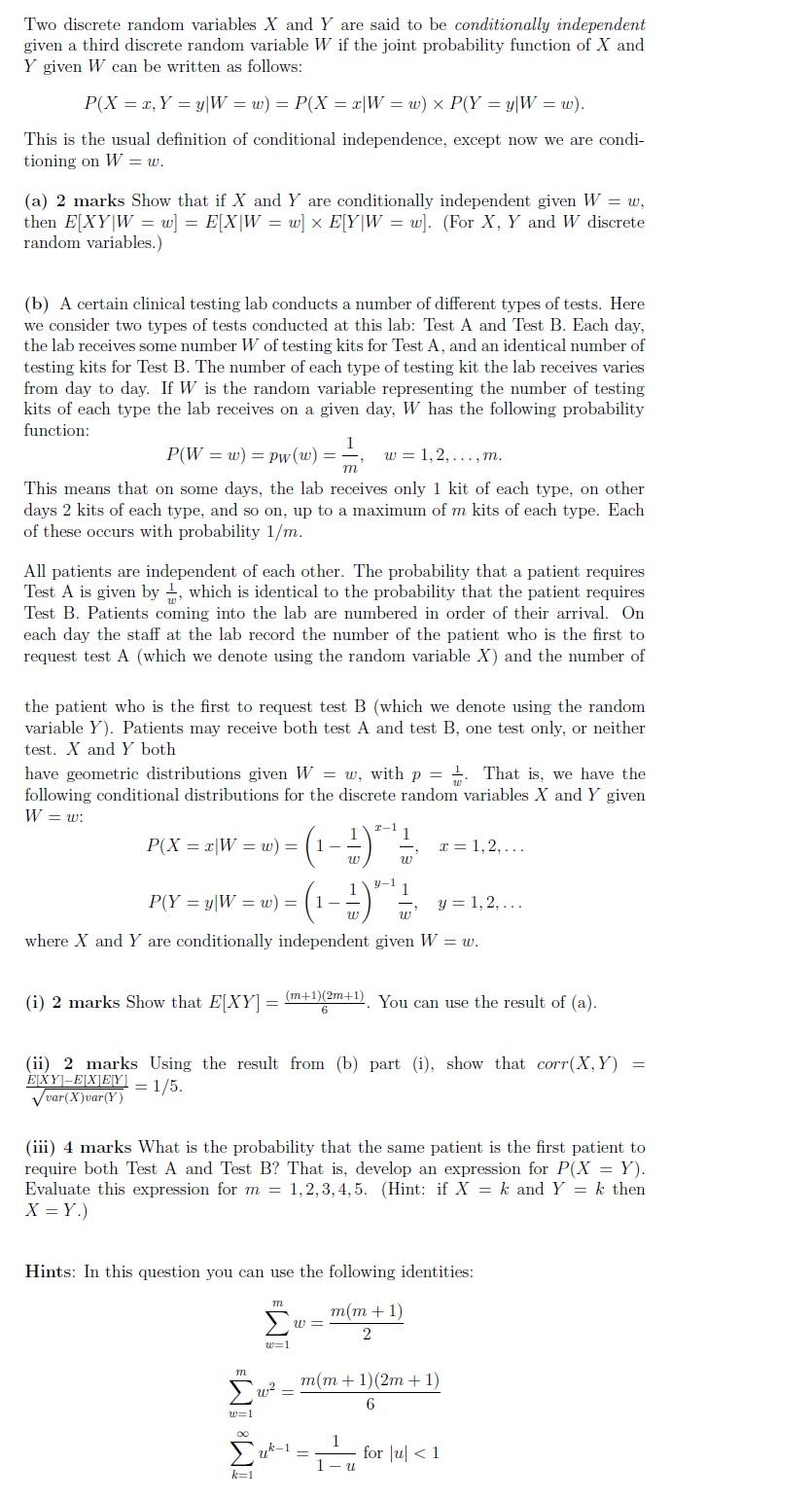 Solved Two discrete random variables X and Y are said to be | Chegg.com