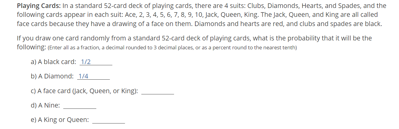 Solved Playing Cards: In a standard 52-card deck of playing | Chegg.com