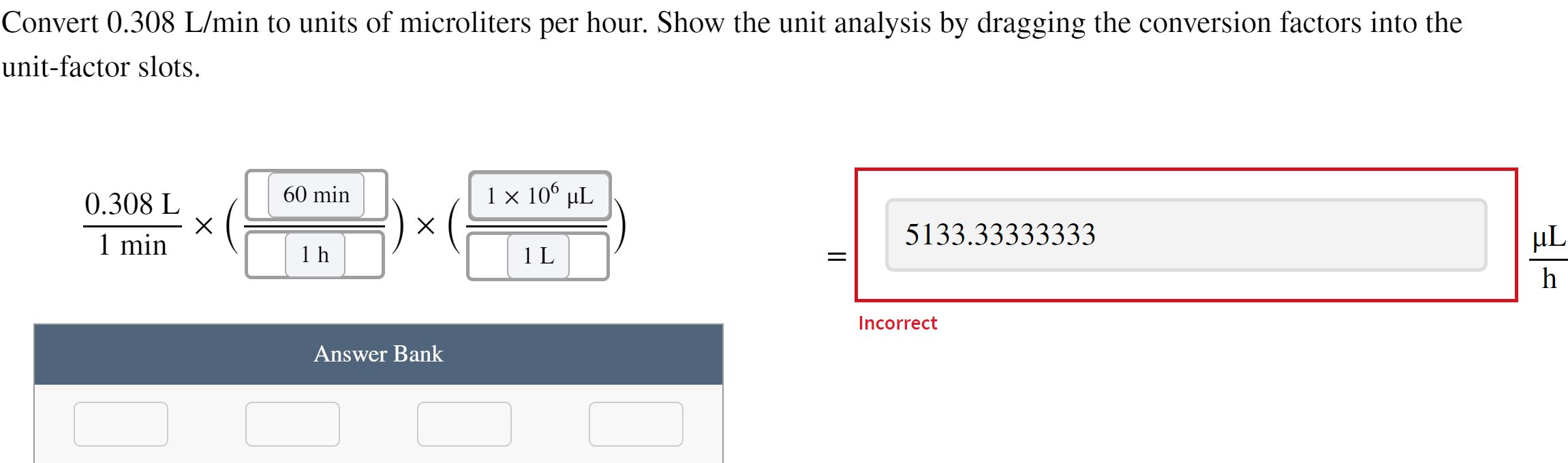 Solved Convert 0.308 L/min to units of microliters per hour. | Chegg.com