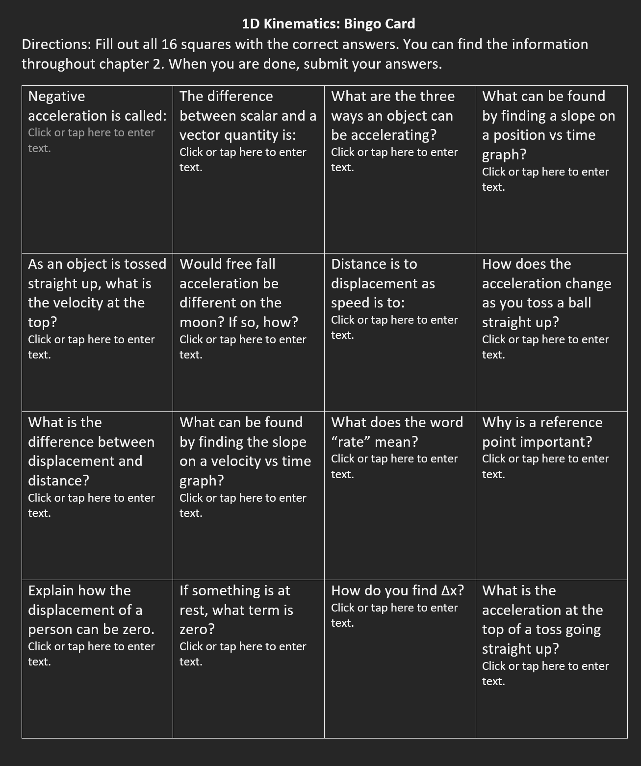 Solved 1D Kinematics: Bingo CardDirections: Fill out all 16 | Chegg.com