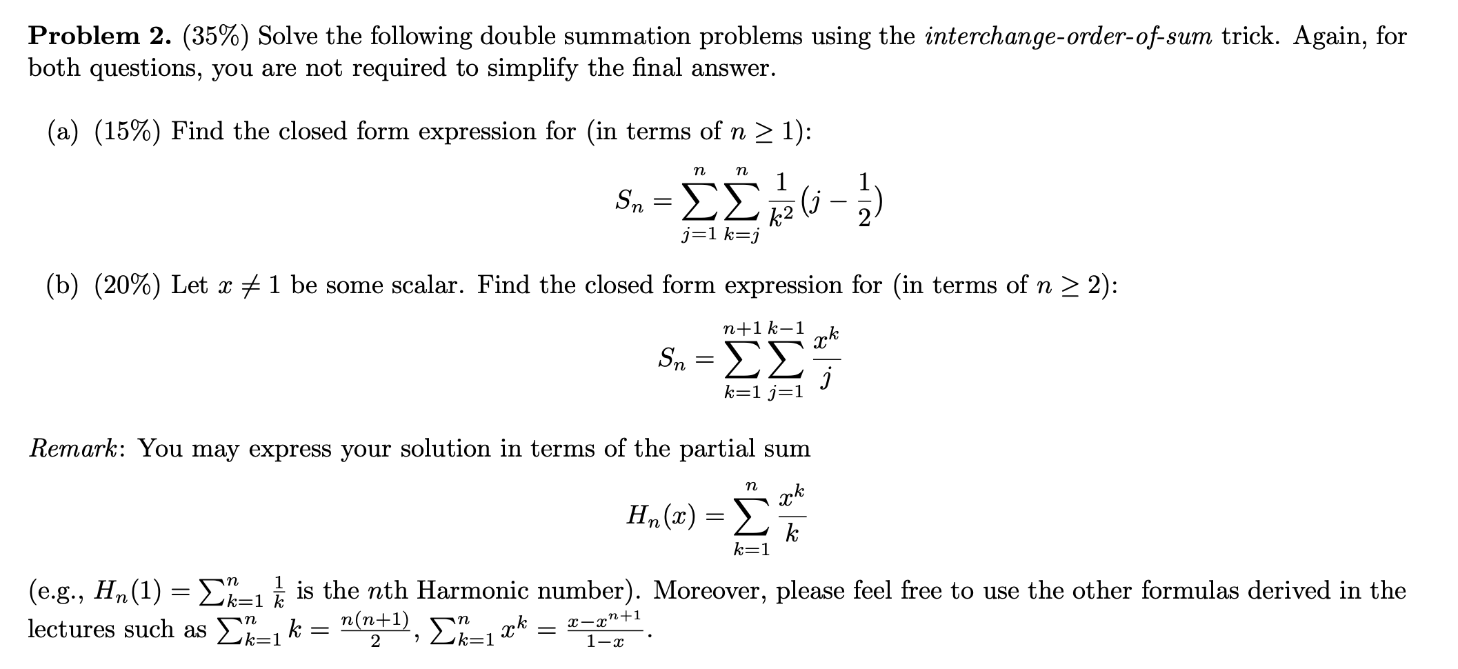 Solved Problem 2. (35%) Solve the following double summation | Chegg.com
