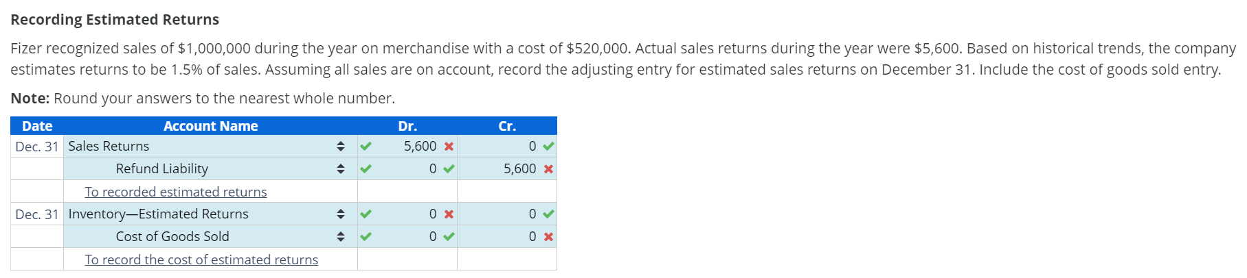 Solved Recording Estimated Returns Fizer recognized sales of | Chegg.com