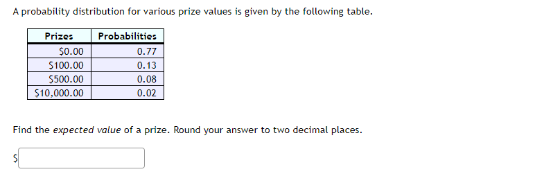 Solved A probability distribution for various prize values | Chegg.com