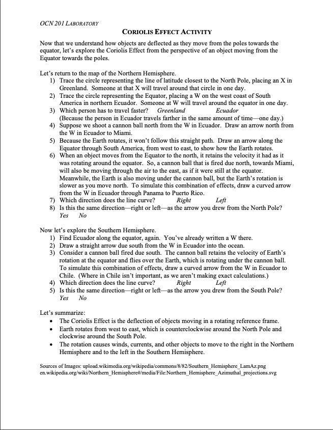 OCN 201 LABORATORY CORIOLIS EFFECT ACTIVITY MODIFIED | Chegg.com