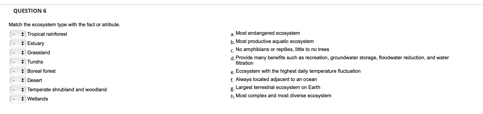 Solved Match the ecosystem type with the fact or atribute. | Chegg.com