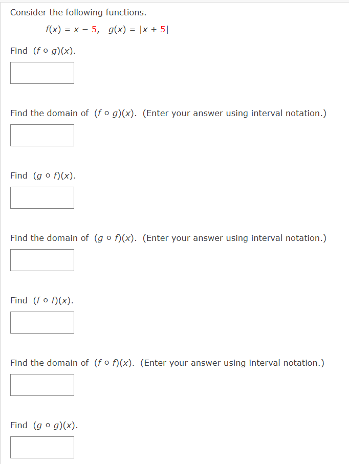 Consider the following functions. f(x)=x−5,g(x)=∣x+5∣ | Chegg.com