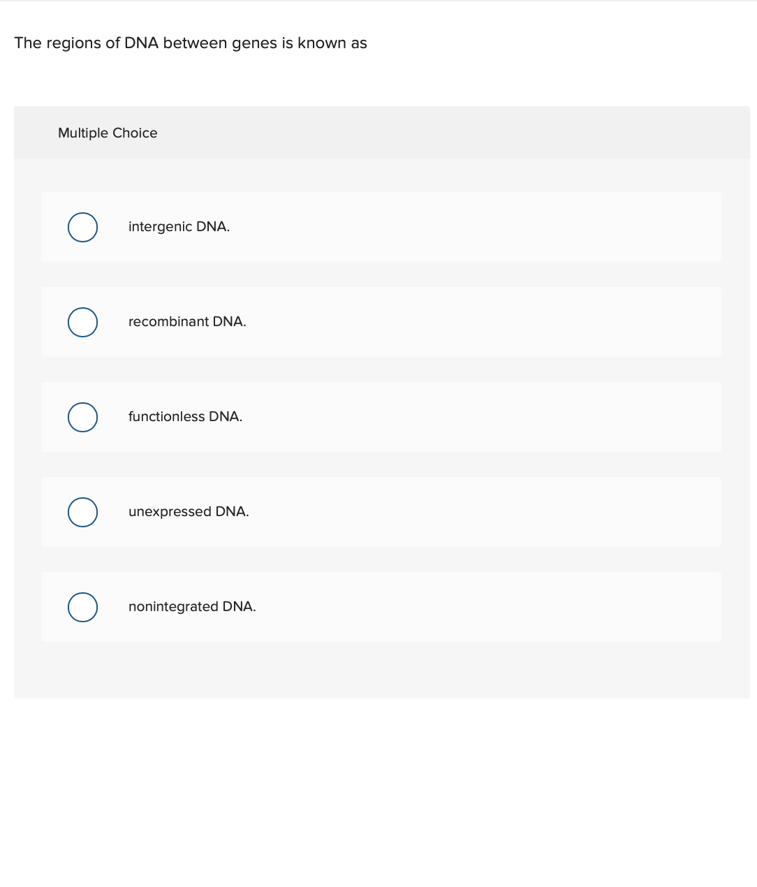 Solved The regions of DNA between genes is known asMultiple | Chegg.com