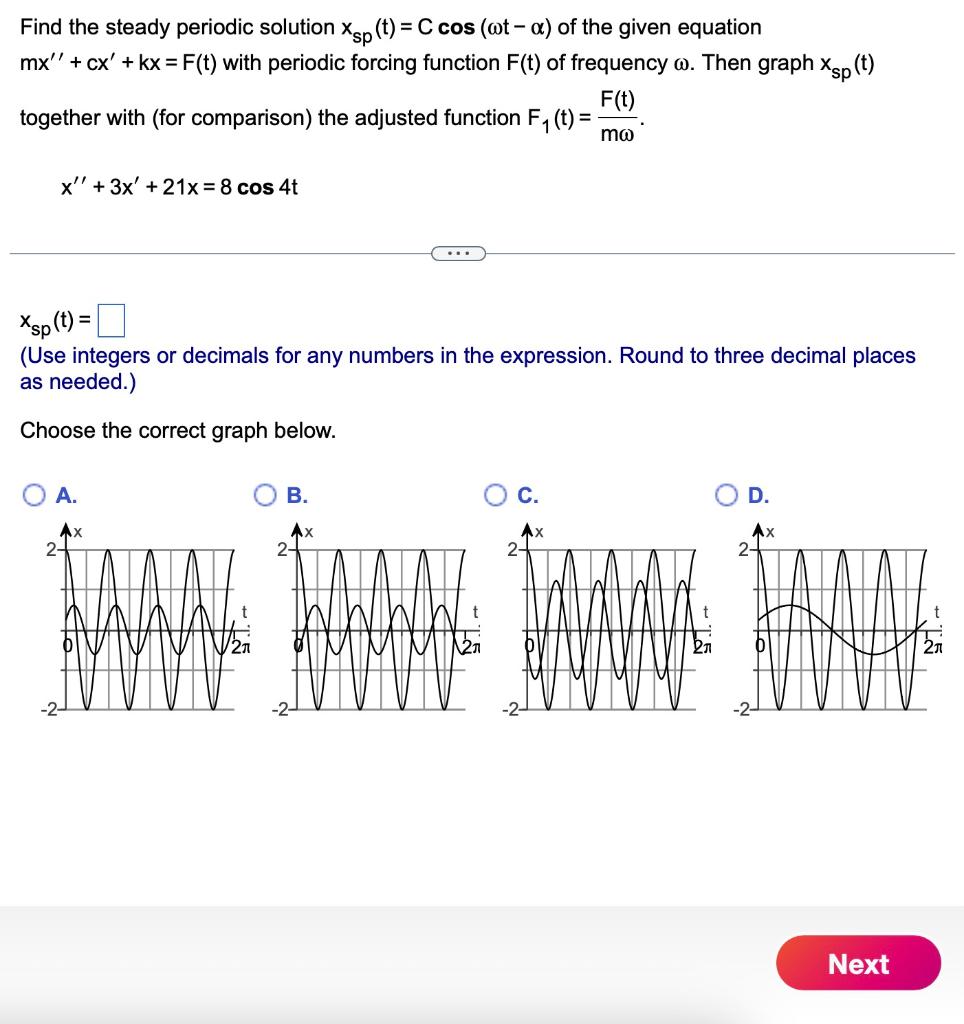 Solved Find the steady periodic solution xsp(t)=Ccos(ωt−α) | Chegg.com