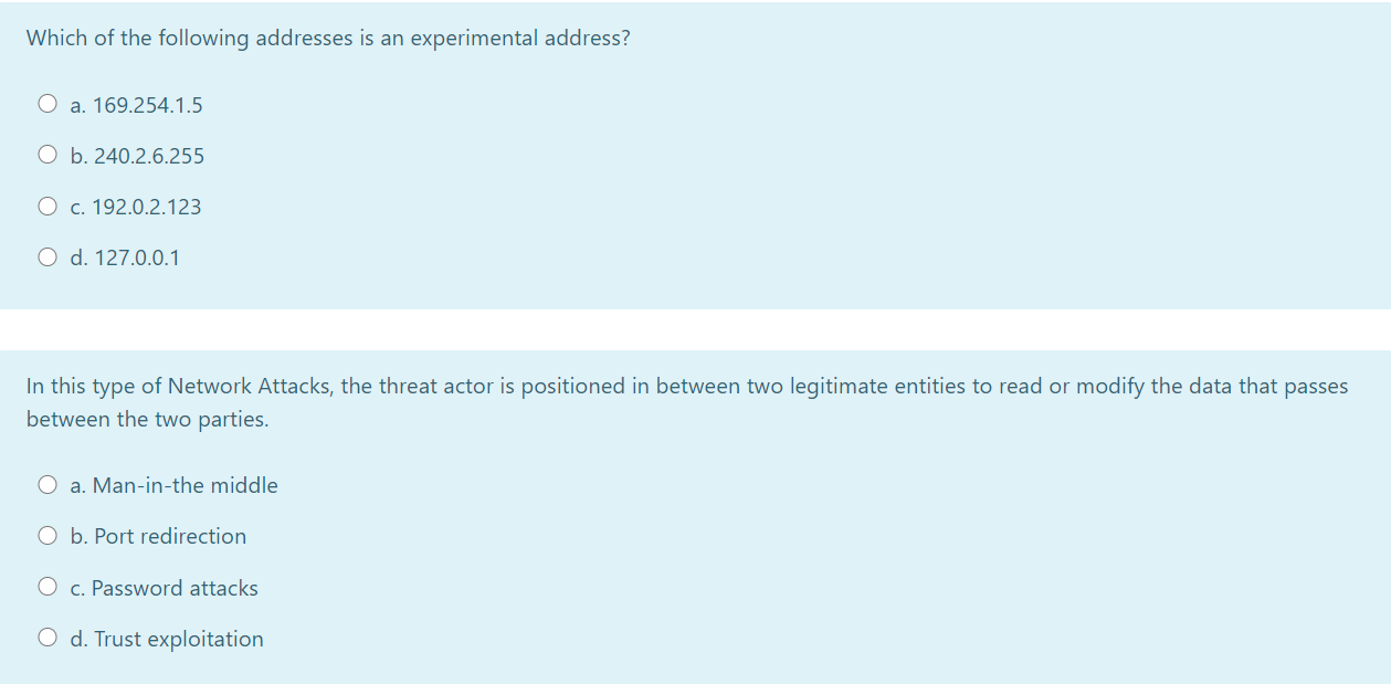 Solved Which of the following addresses is an experimental | Chegg.com
