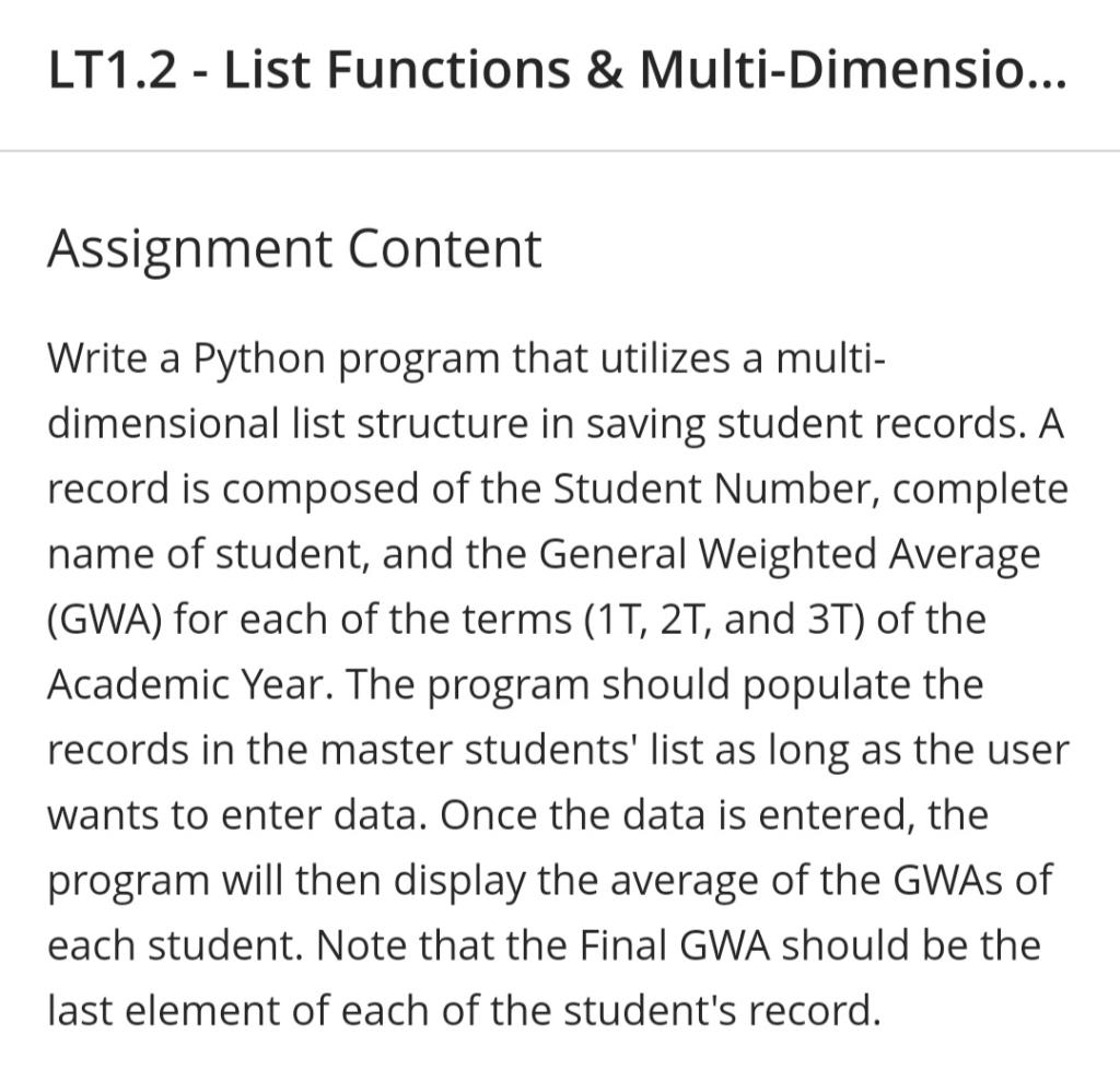 Solved LT1.2 - List Functions \& Multi-Dimensio... | Chegg.com