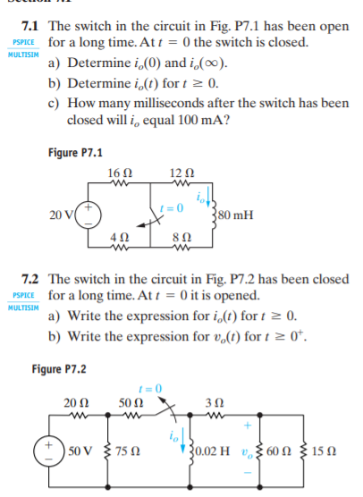 Solved MULTISIM 7.1 The switch in the circuit in Fig. P7.1 | Chegg.com