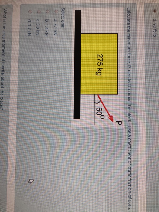 Solved d. 90 ft-lb Calculate the minimum force, P, needed to | Chegg.com