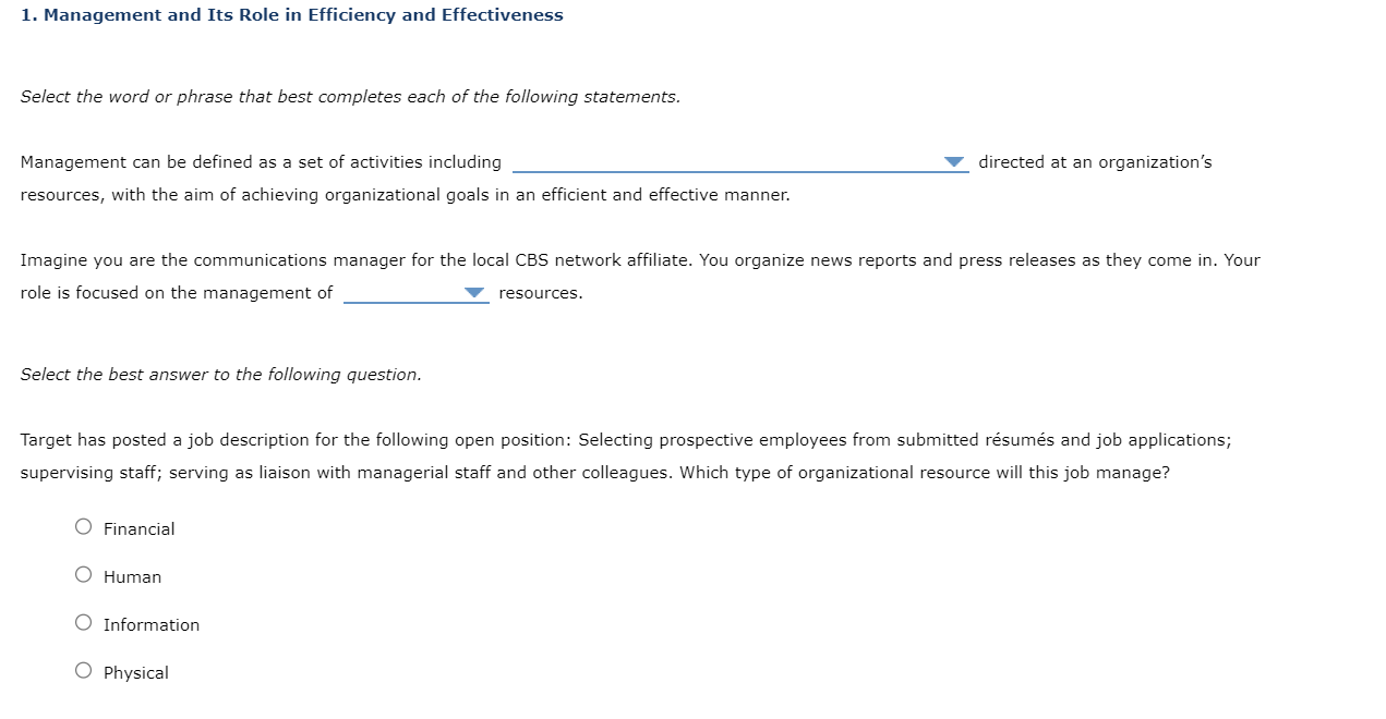 Solved Management and Its Role in Efficiency and | Chegg.com