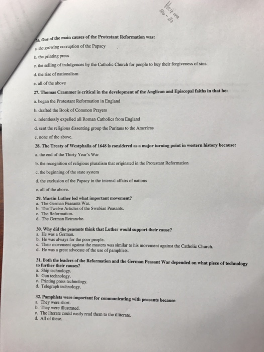 Solved One of the main causes of the Protestant Reformation | Chegg.com