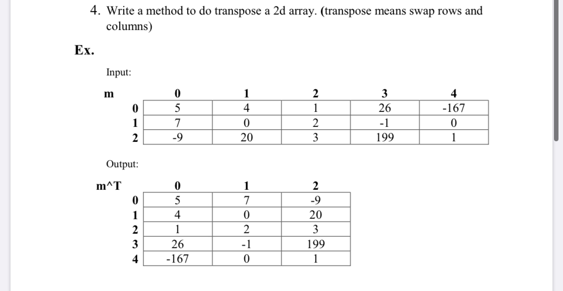 Solved 4. Write a method to do transpose a 2d array. | Chegg.com