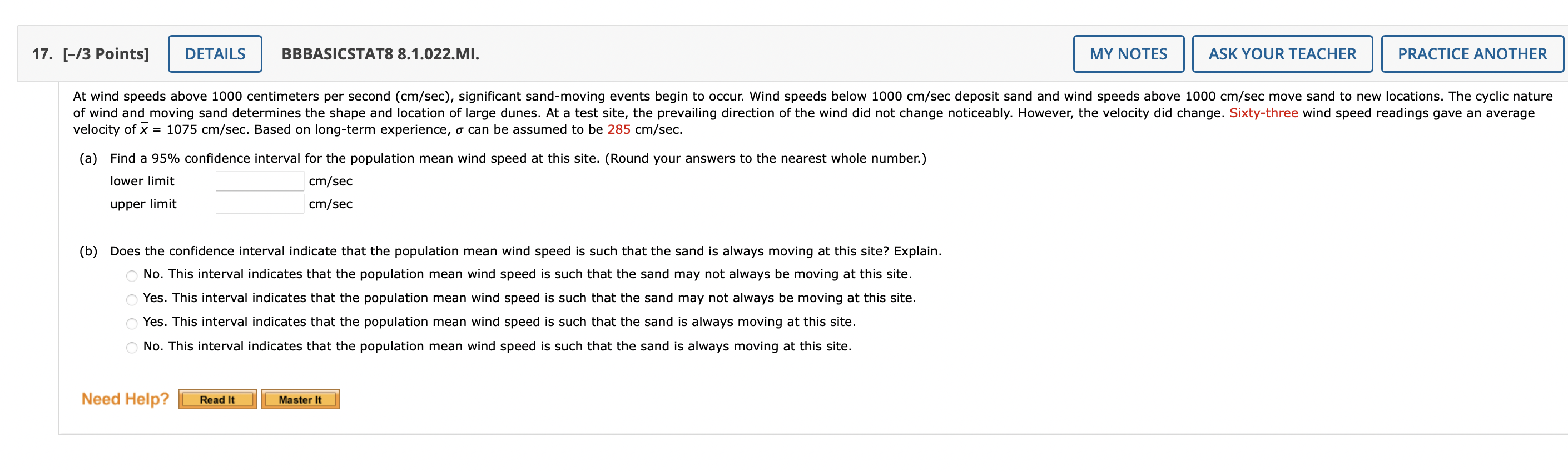 Solved 7. [-/3 Points] BBBASICSTAT8 8.1.022.MI. velocity of | Chegg.com