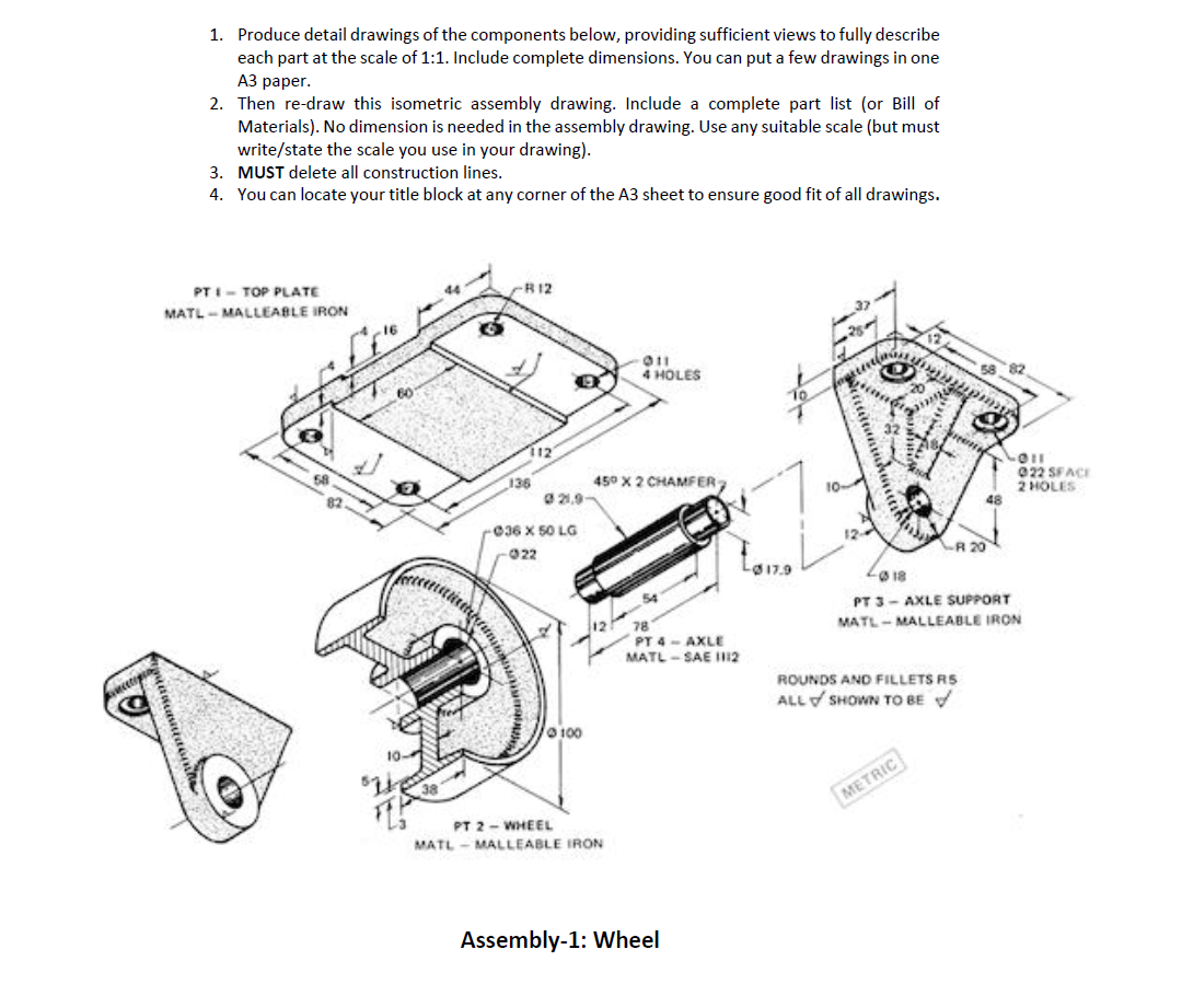 Solved 1. Produce detail drawings of the components below, | Chegg.com