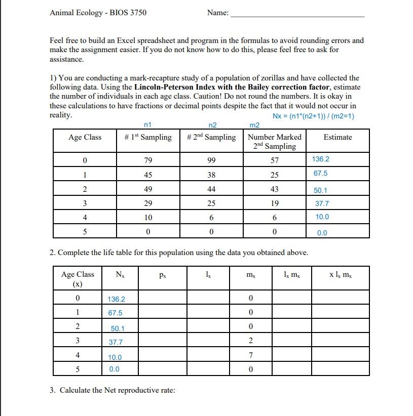 Solved Population Ecology: Question 2 - Complete the life | Chegg.com