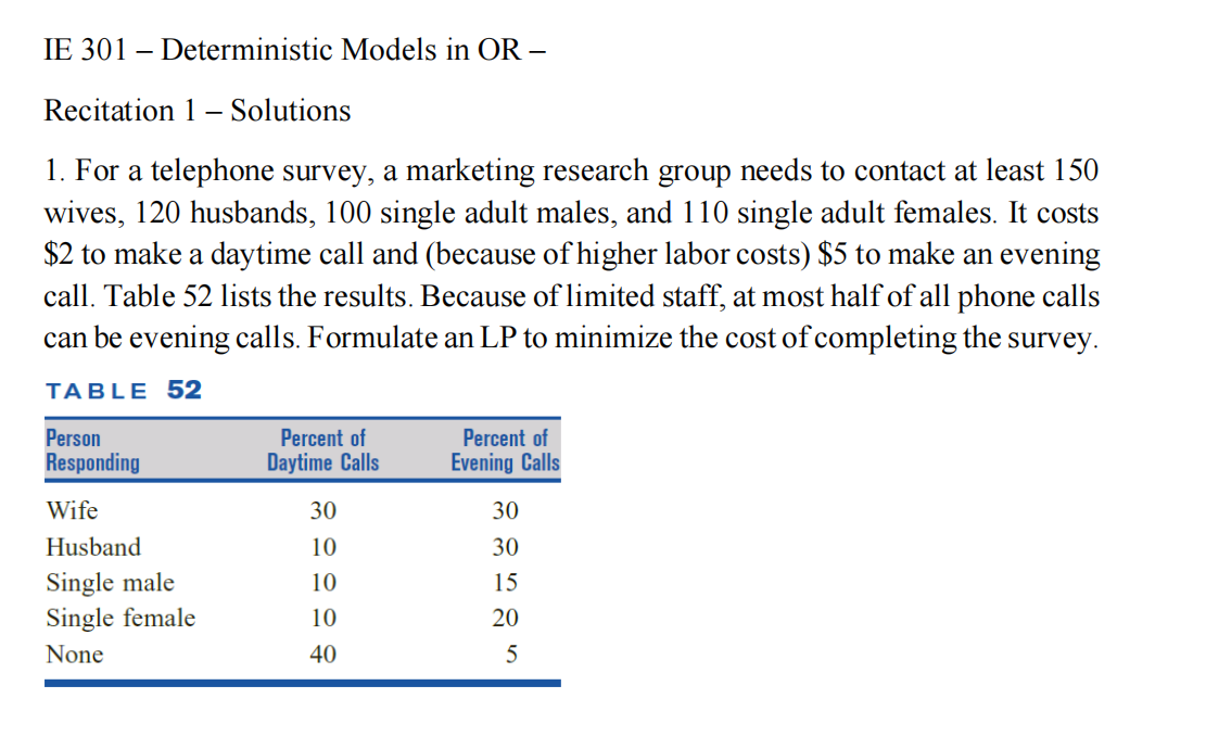 Solved IE 301 - Deterministic Models in OR− Recitation 1 - | Chegg.com