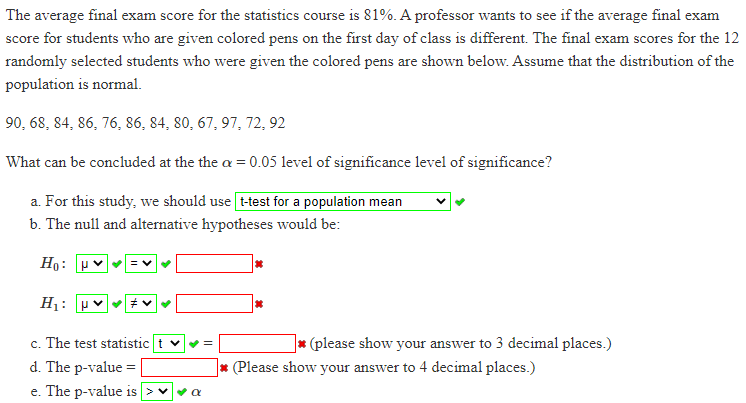 Solved The average final exam score for the statistics | Chegg.com